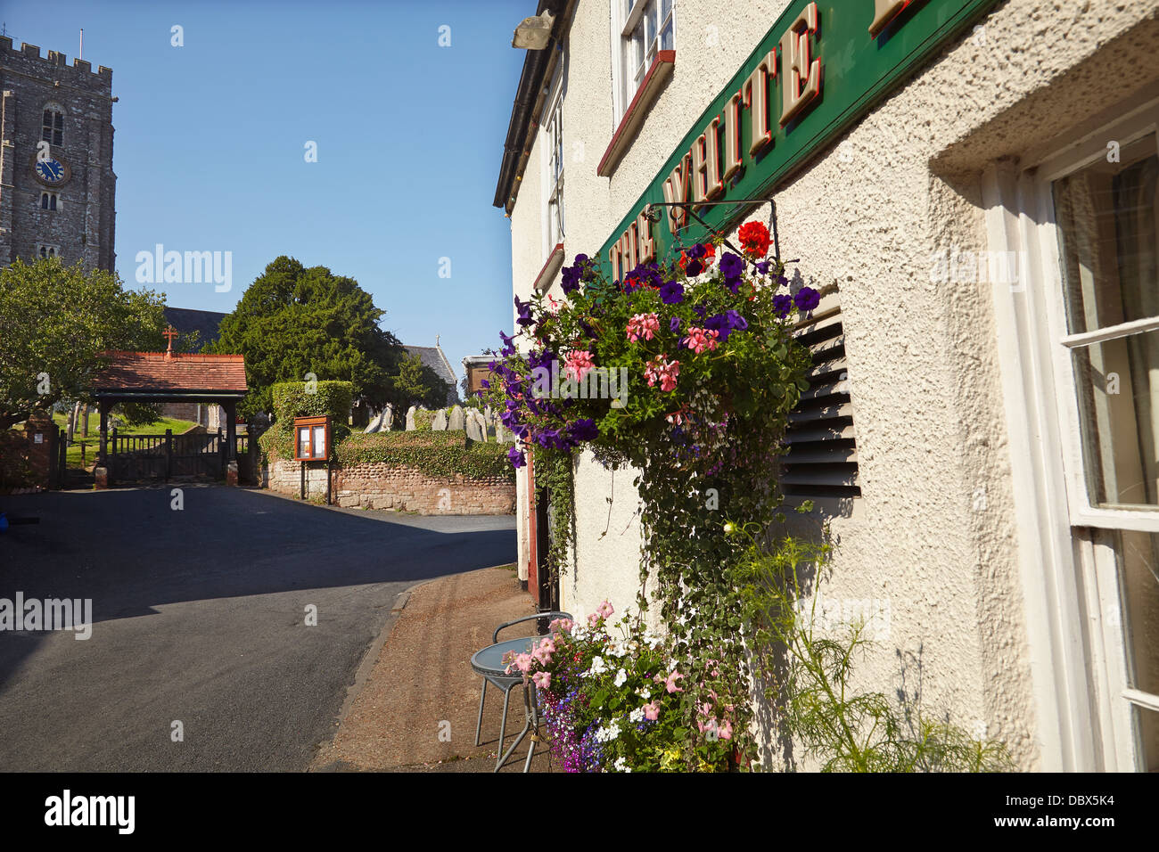 The streetside facade of a village pub, in Woodbury, near Exeter, Devon ...