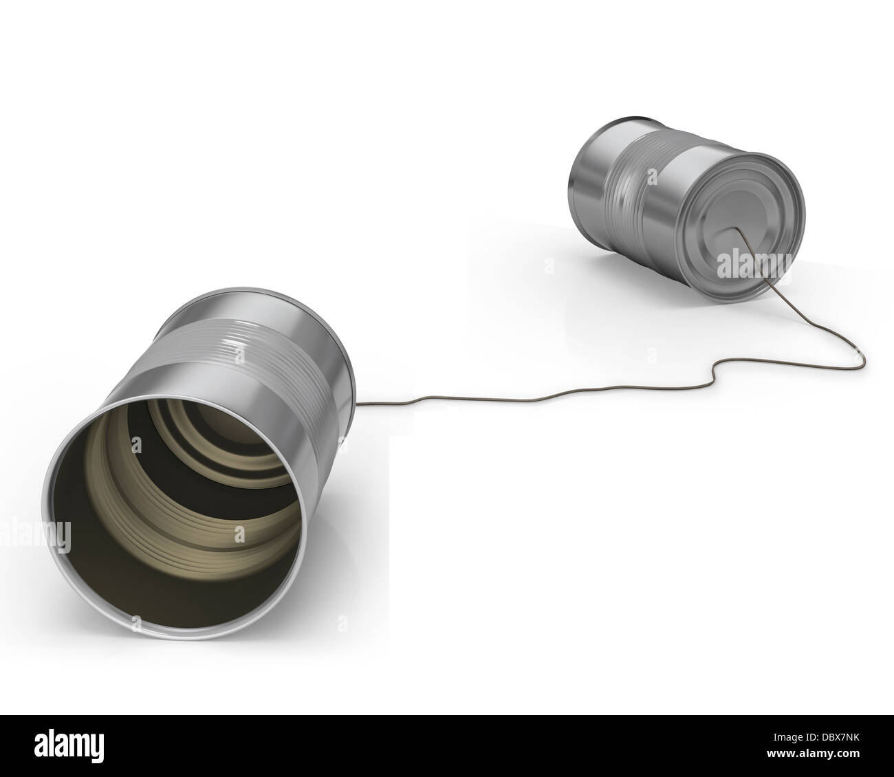 Tin cans on white background with string as game for kids to ...