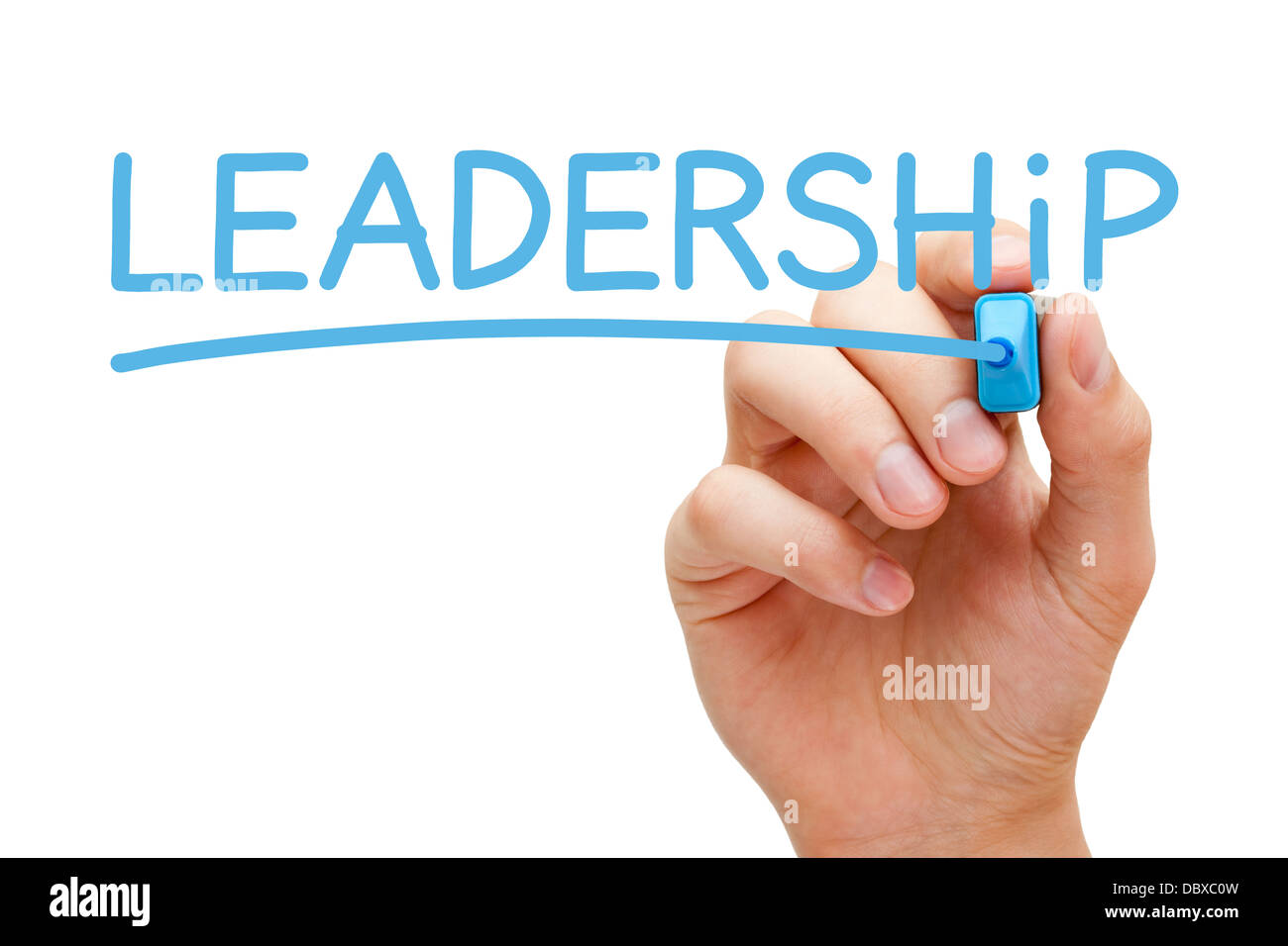 Hand writing Leadership with blue marker on transparent wipe board ...