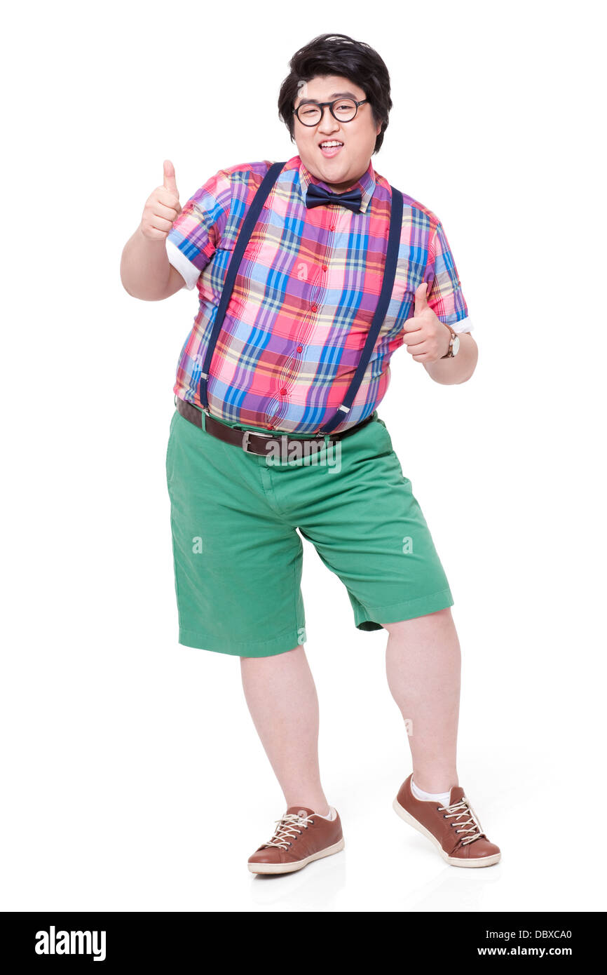 Fashionable fat man doing thumbs up Stock Photo - Alamy