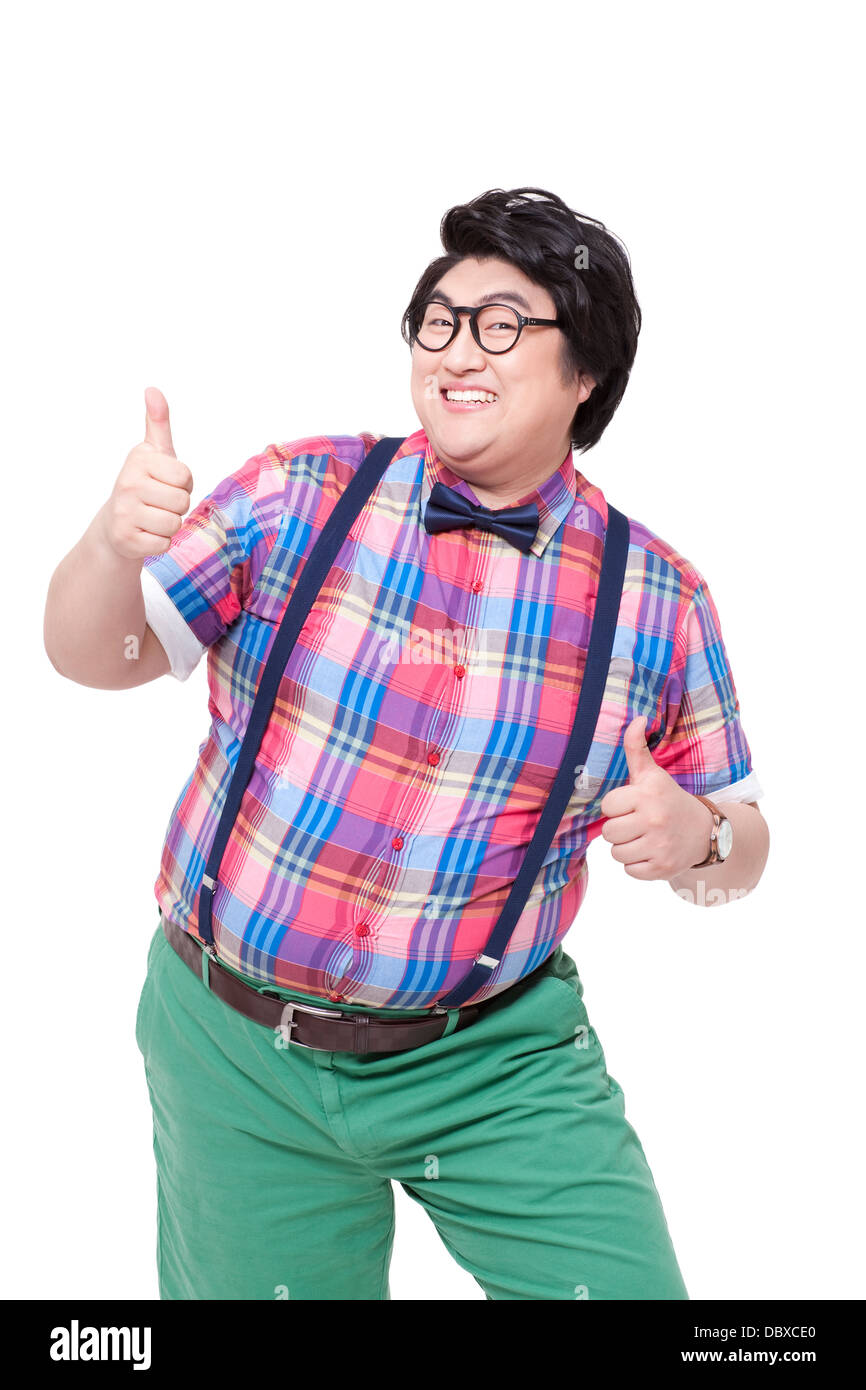Fashionable fat man doing thumbs up Stock Photo - Alamy