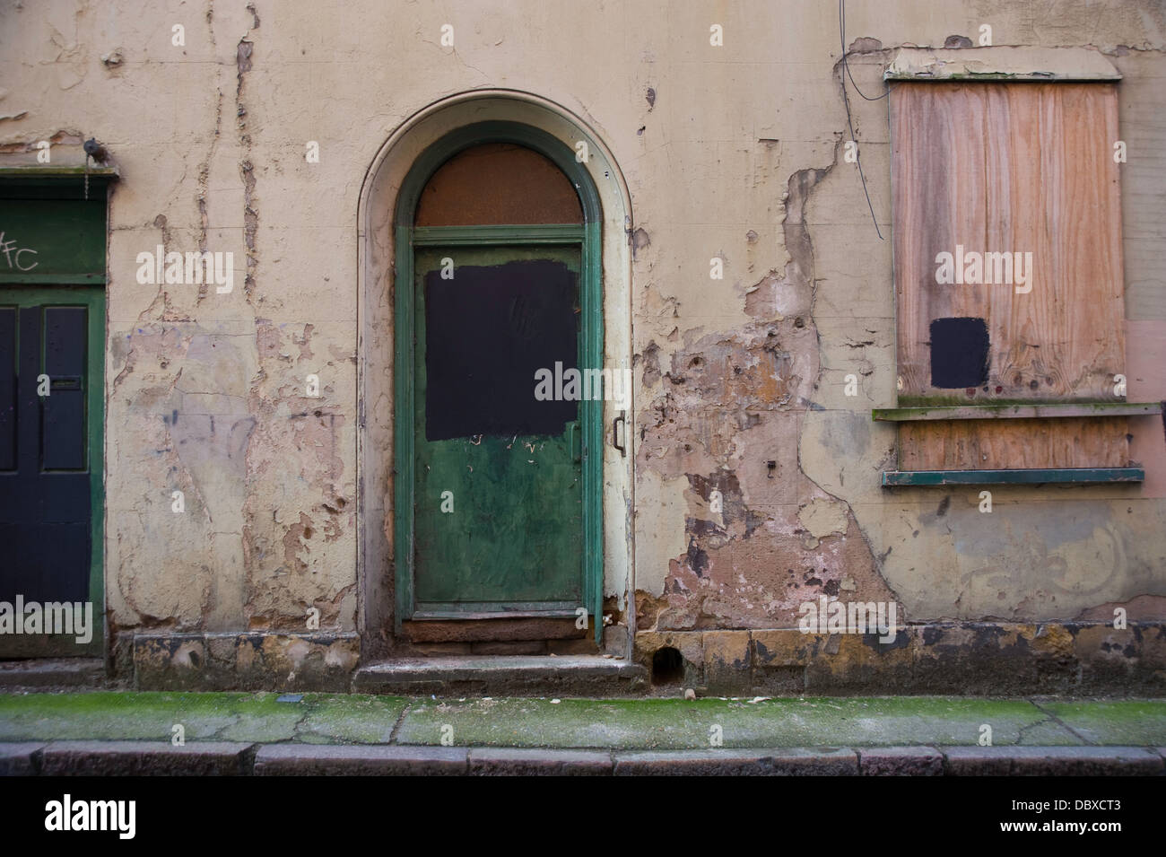 The front and doorway of a dilapidated derelict building in the Lace ...