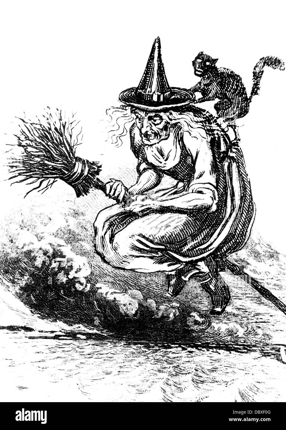 ENGRAVING OF UGLY OLD WITCH RIDING BROOM WITH A BLACK CAT ON HER BACK ...