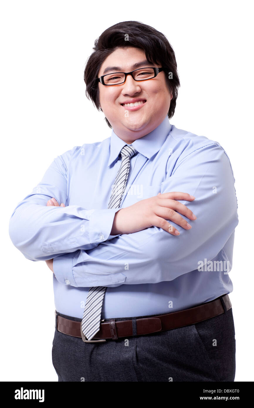 Confident overweight businessman arms crossed Stock Photo - Alamy