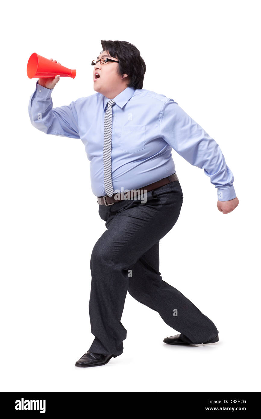 Overweight businessman shouting with megaphone Stock Photo - Alamy