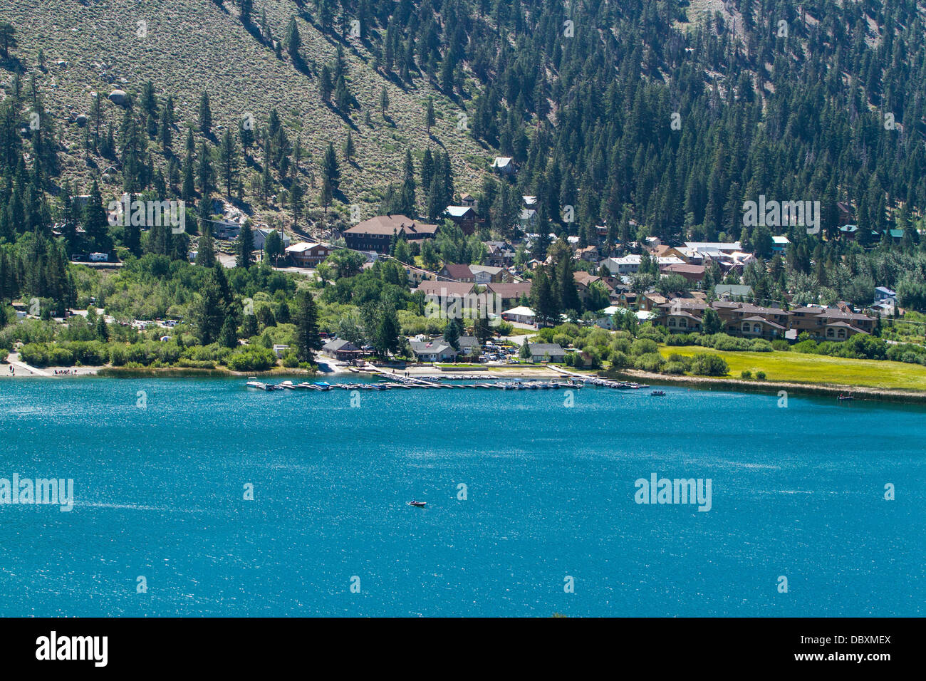 Boats on June Lake and June lake village on brilliant summers day Stock ...