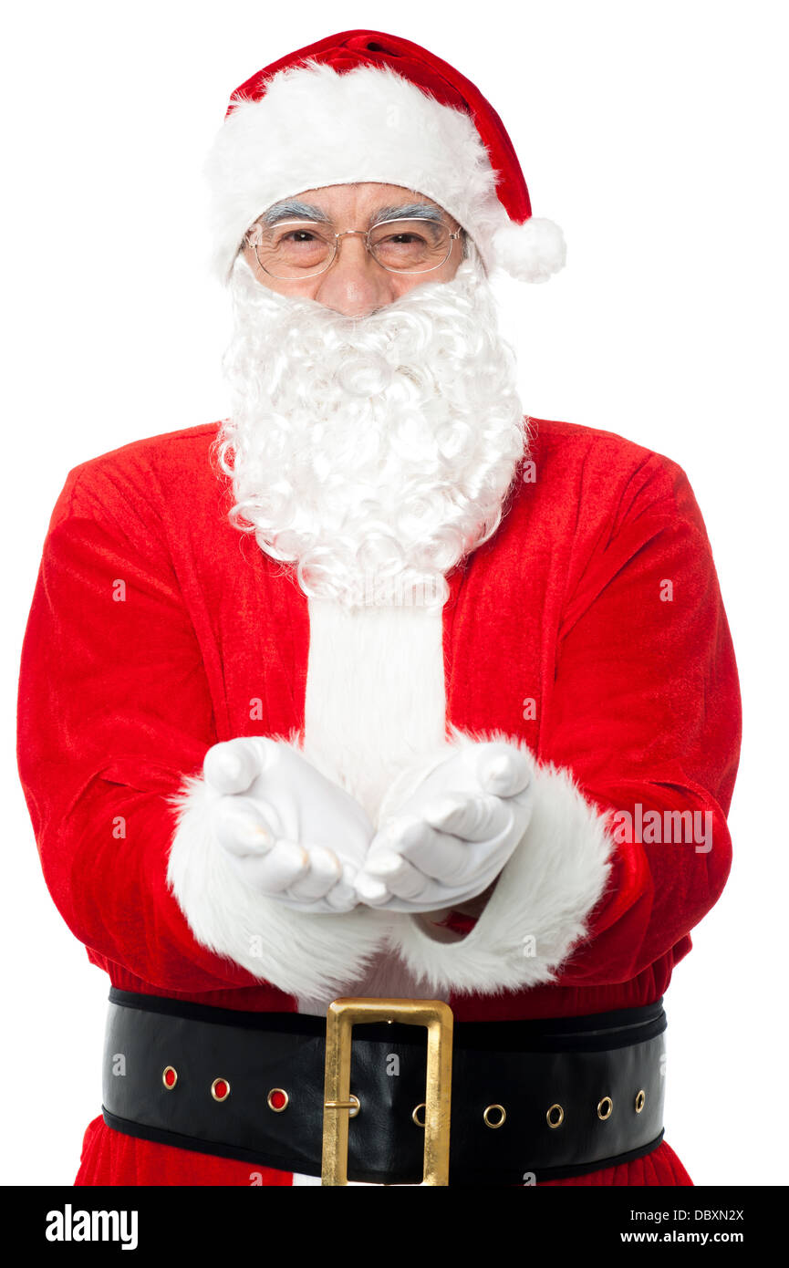 Bespectacled Father Santa posing with open palms Stock Photo - Alamy