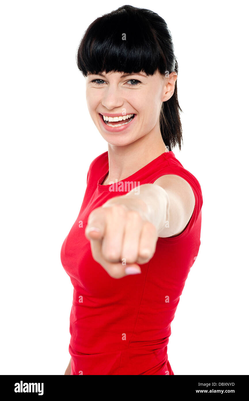 Attractive cheerful woman pointing at you Stock Photo - Alamy