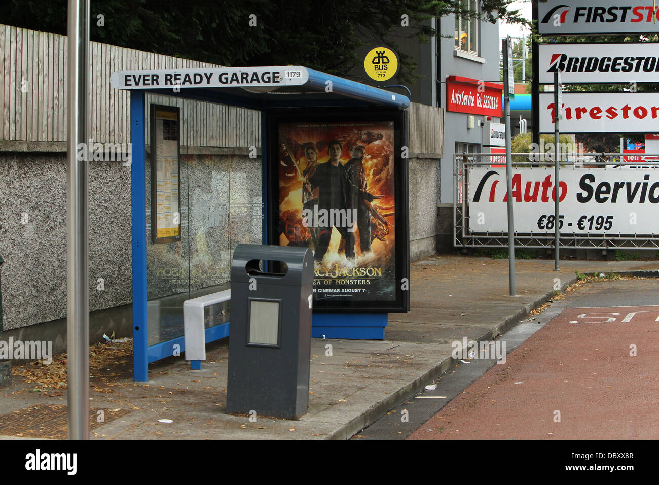 An empty bus stop near the bus depot in Donnybrook, South Dublin during ...