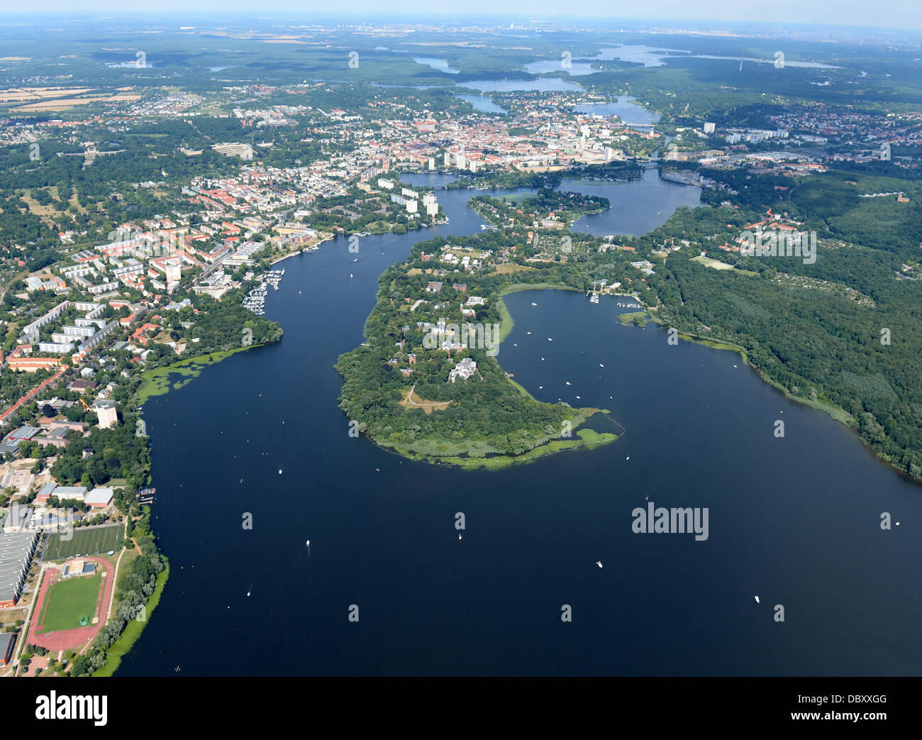 Aerial view of the peninsula Hermannswerder in Potsdam, Germany, 01 ...