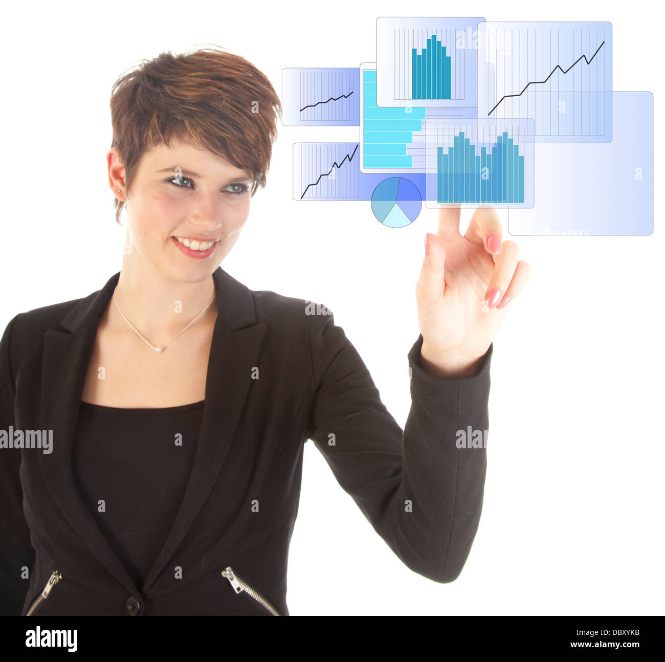 Young woman with blue virtual graph isolated on white background Stock ...