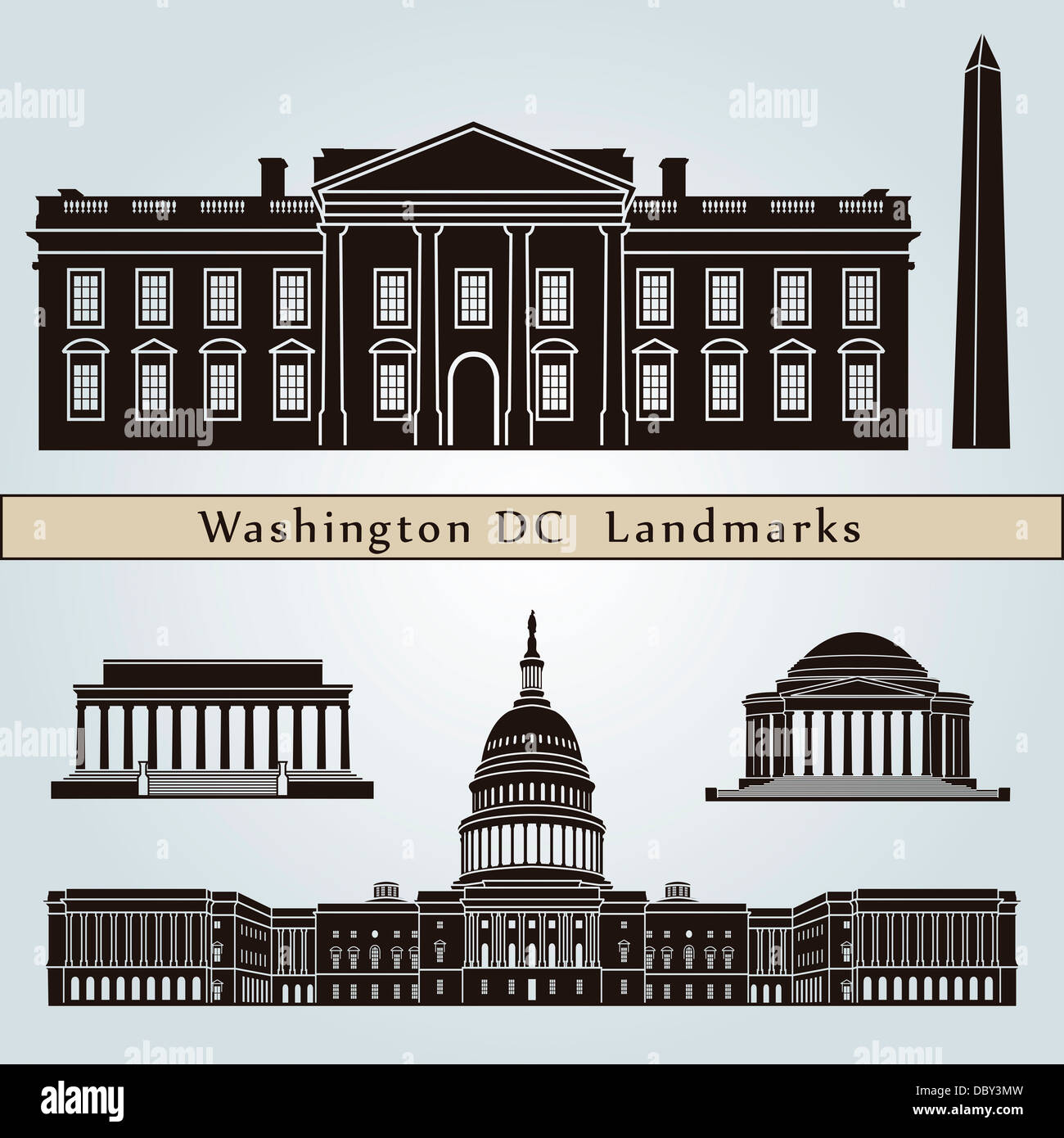 Washington DC landmarks and monuments isolated on blue background Stock ...