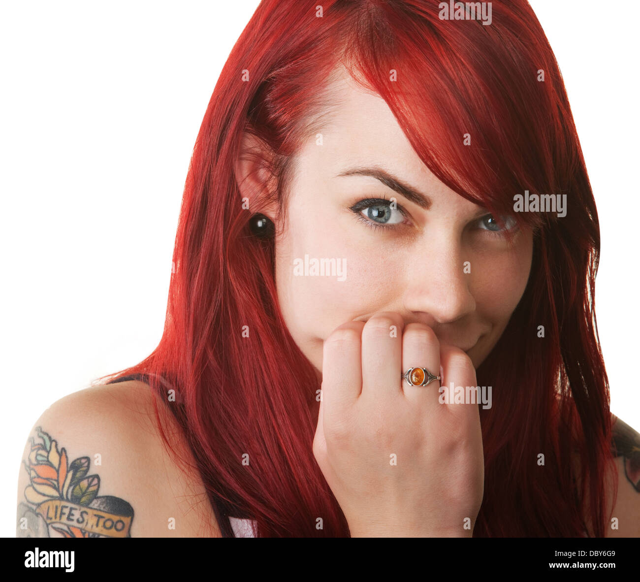 Nervous Lady with Hand on Mouth Stock Photo - Alamy