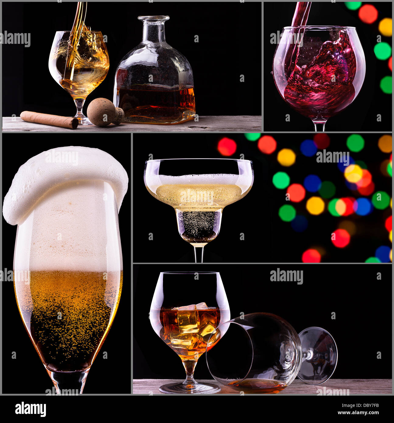 alcohol drinks collage isolated on a black background - beer,wine ...