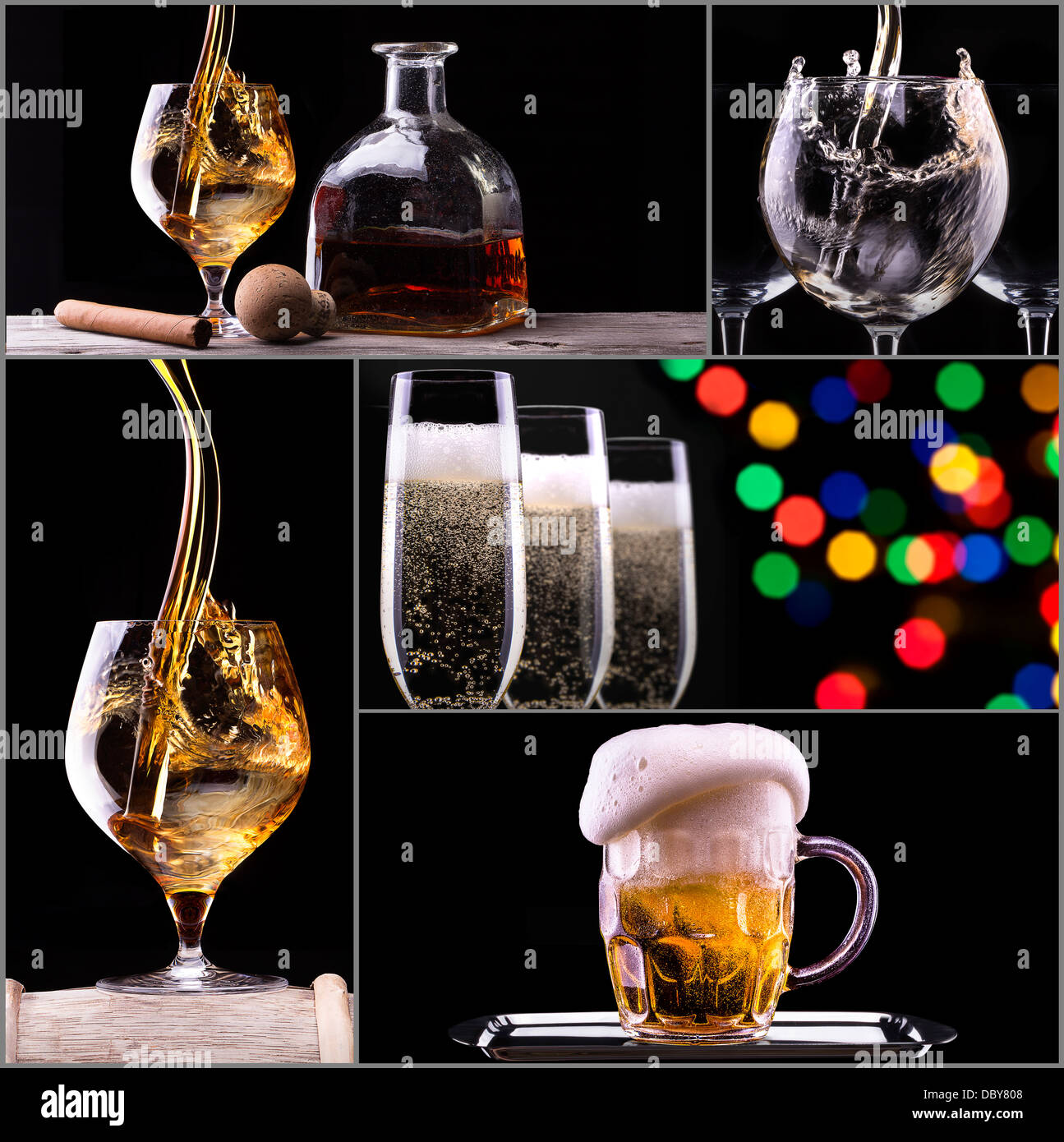 alcohol drinks collage isolated on a black background - beer,wine ...