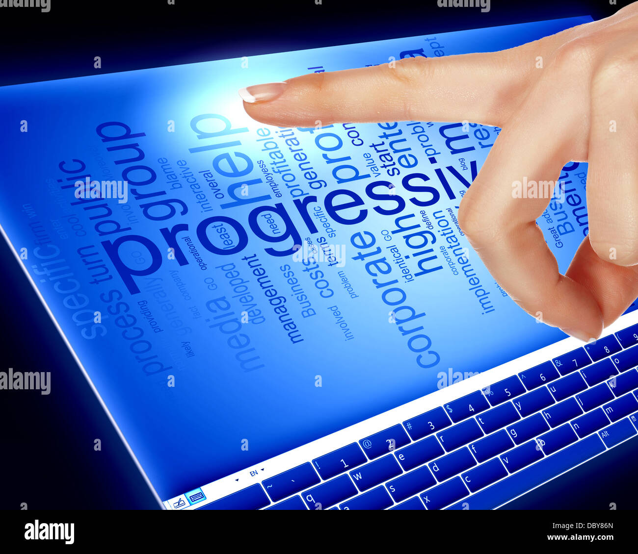 Finger touching a blue computer screen Stock Photo - Alamy