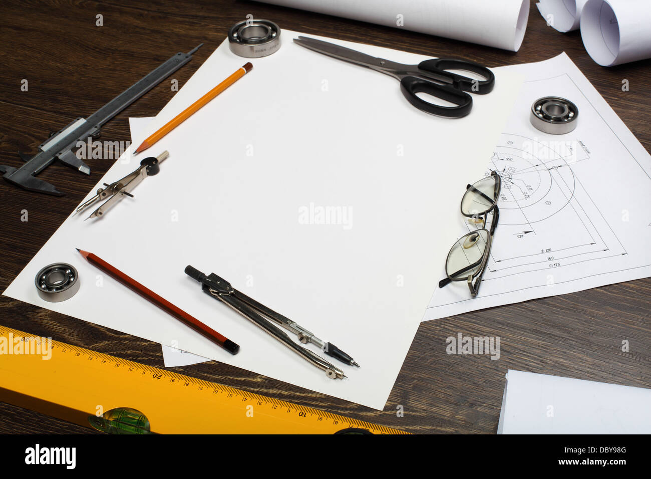 Tools and papers with sketches Stock Photo - Alamy