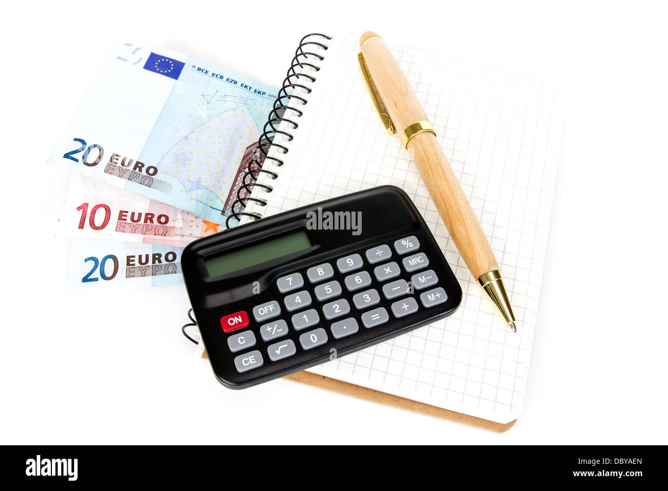 Notebook, pen,money and calculator on white background Stock Photo - Alamy