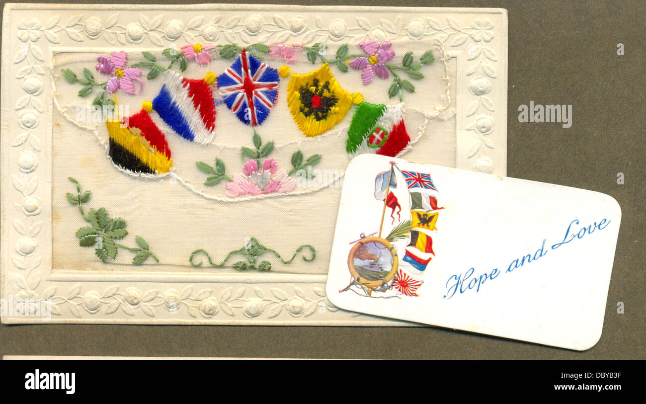 World War One embroidered silk postcard with accompanying message card ...