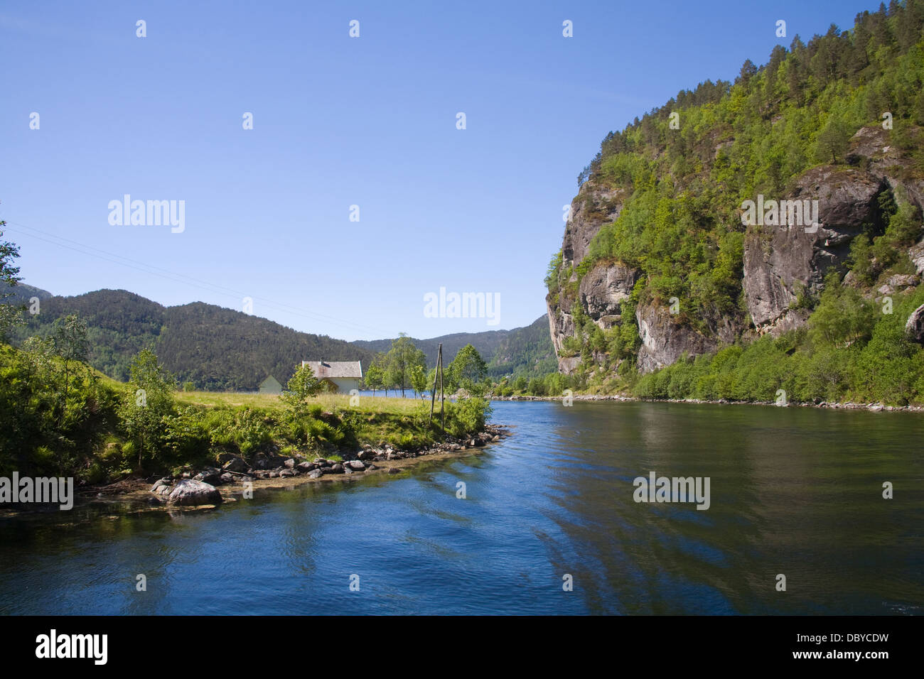 Nordhordland Norway Europe Very narrow part of Mostraumen canalised ...