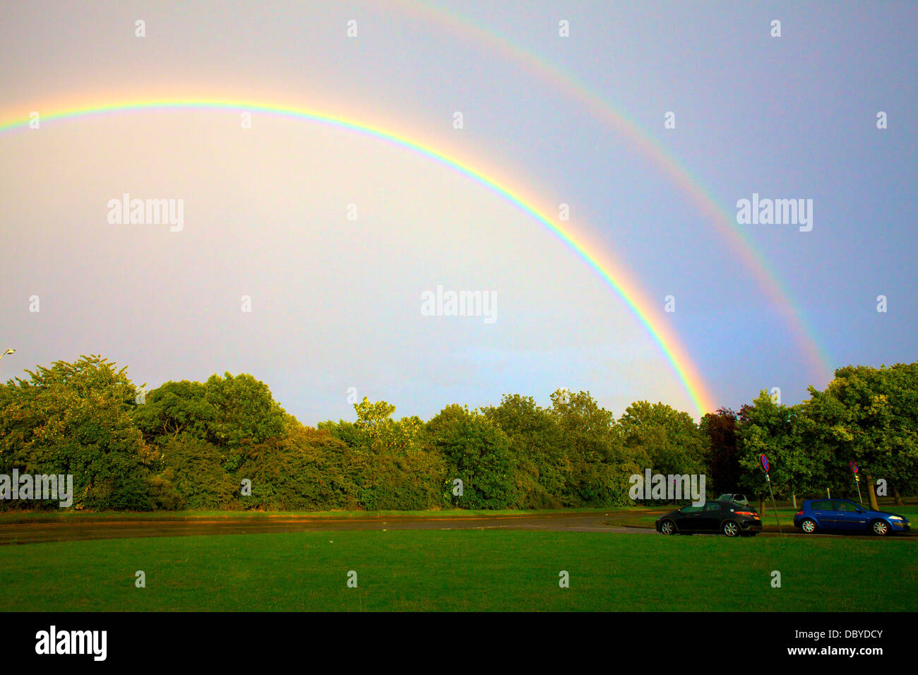 Rainbow in a clear sky over the English countryside Stock Photo - Alamy