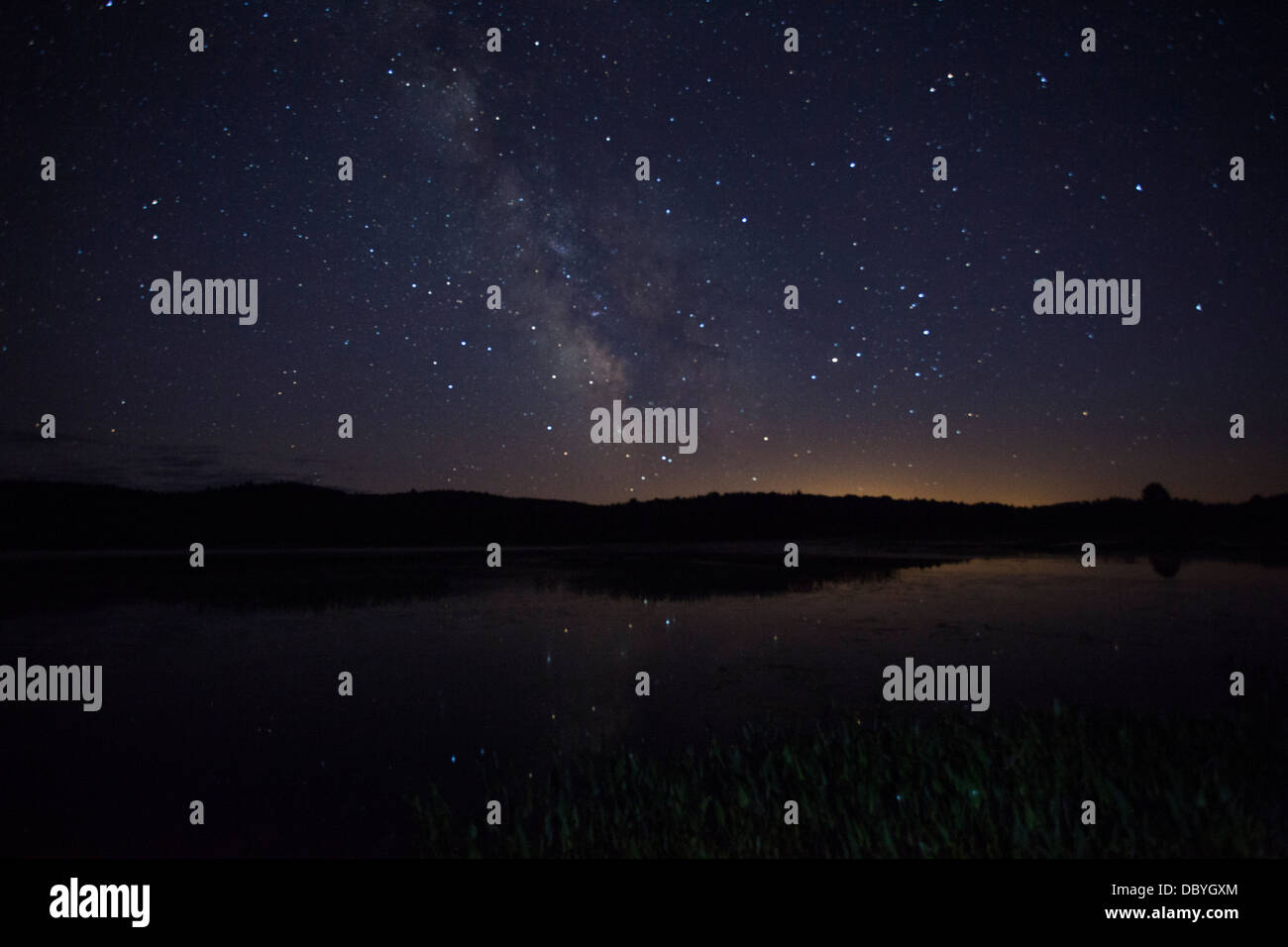 Starry night sky over Lake of Two Rivers, Algonquin Provincial Park ...