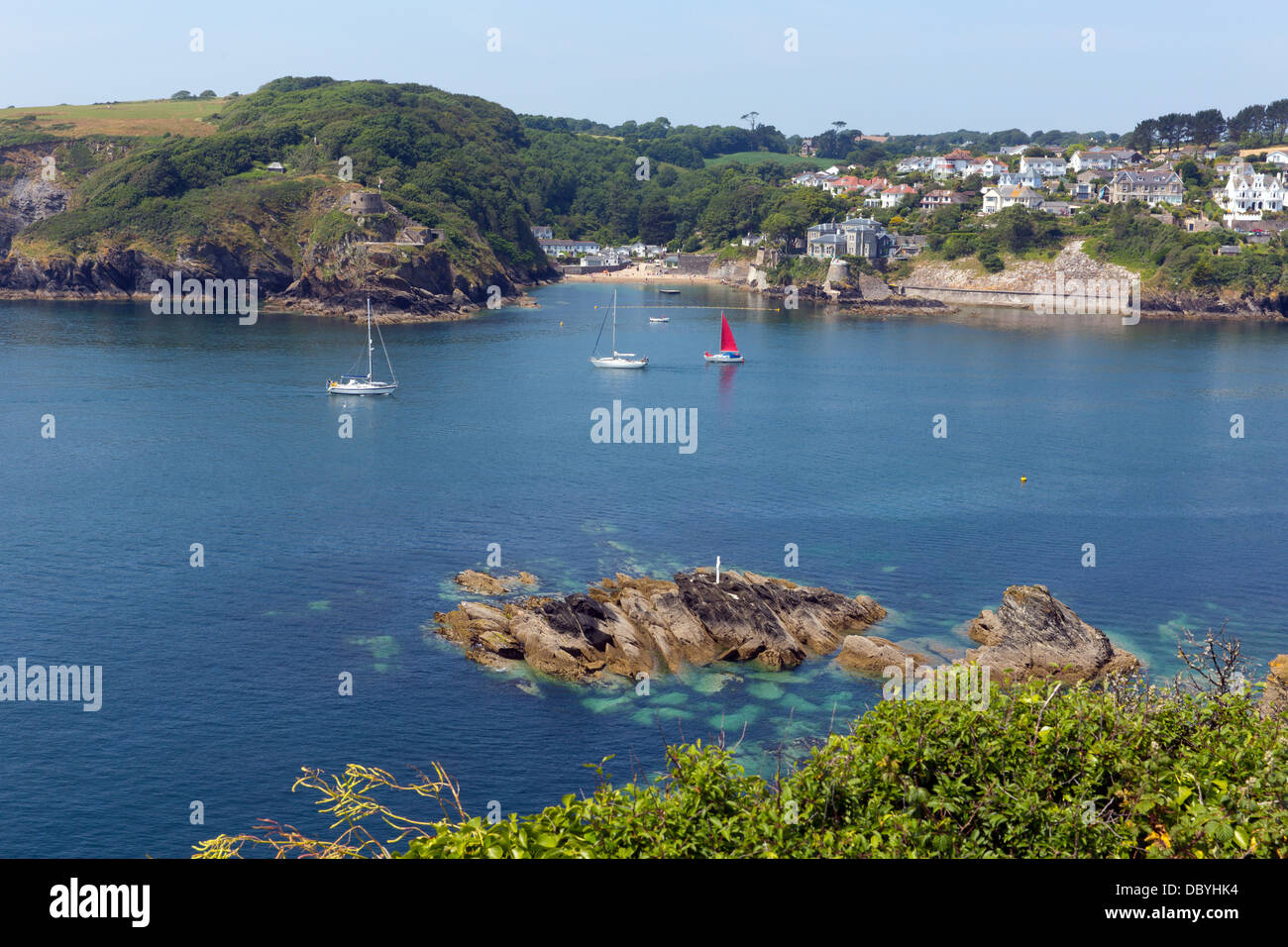 Coast at Fowey Cornwall England with sailing boats on a beautiful blue ...