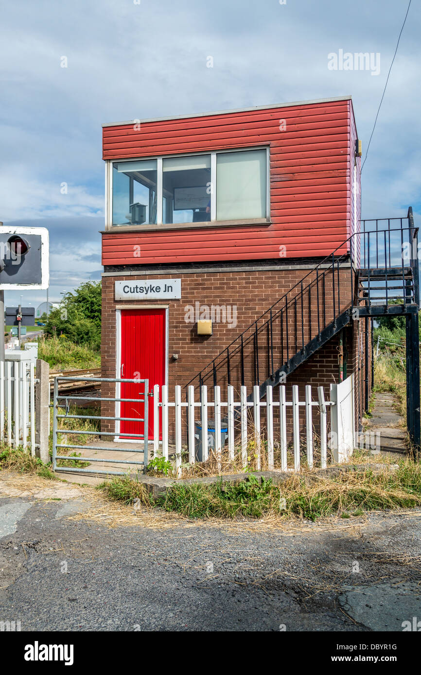 Railway signal box at railway level crossing with gates, Railroad ...