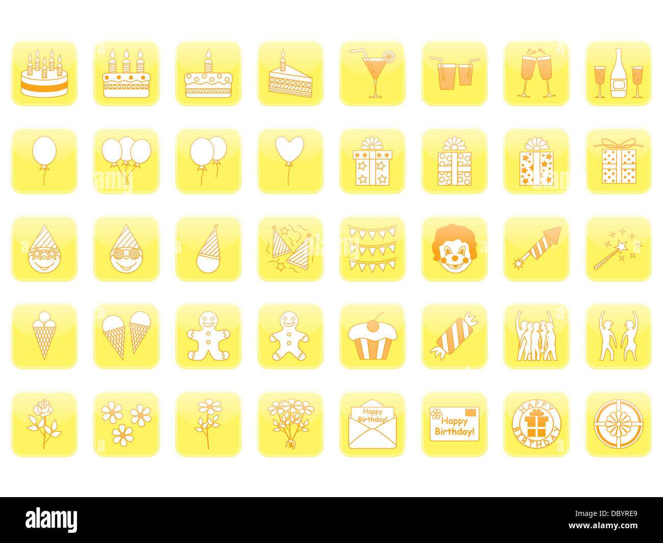 set of yellow birthday icons Stock Photo - Alamy