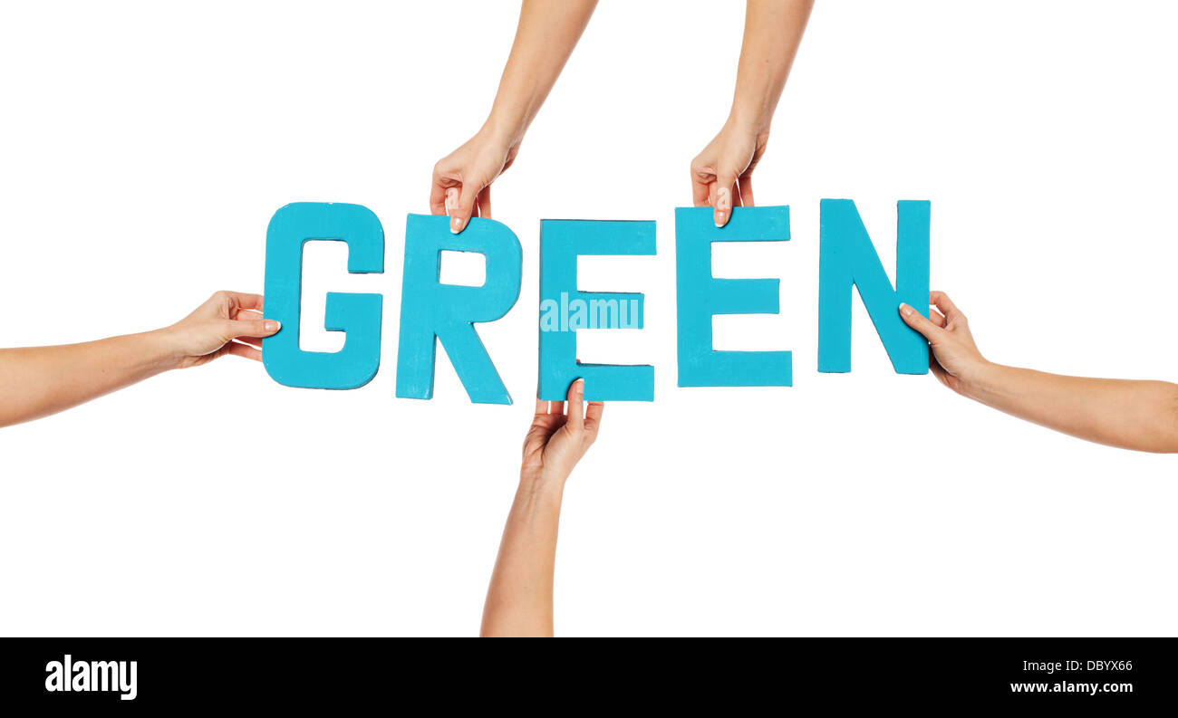 Turquoise alphabet lettering spelling GREEN Stock Photo - Alamy