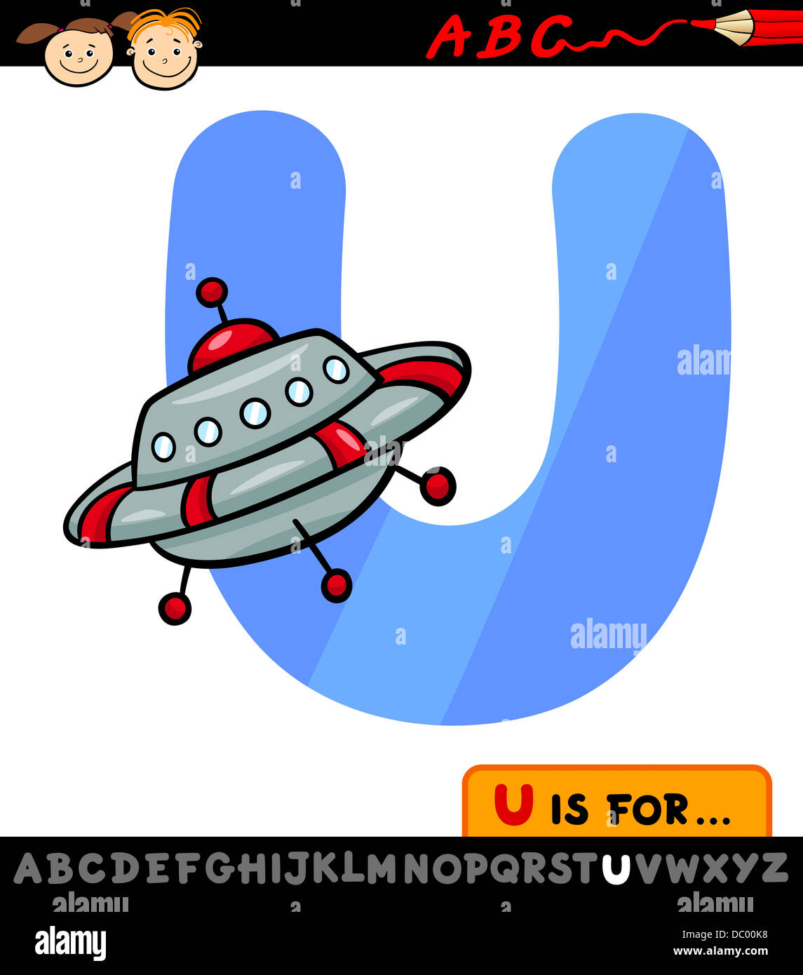 Cartoon Illustration of Capital Letter U from Alphabet with Ufo for ...