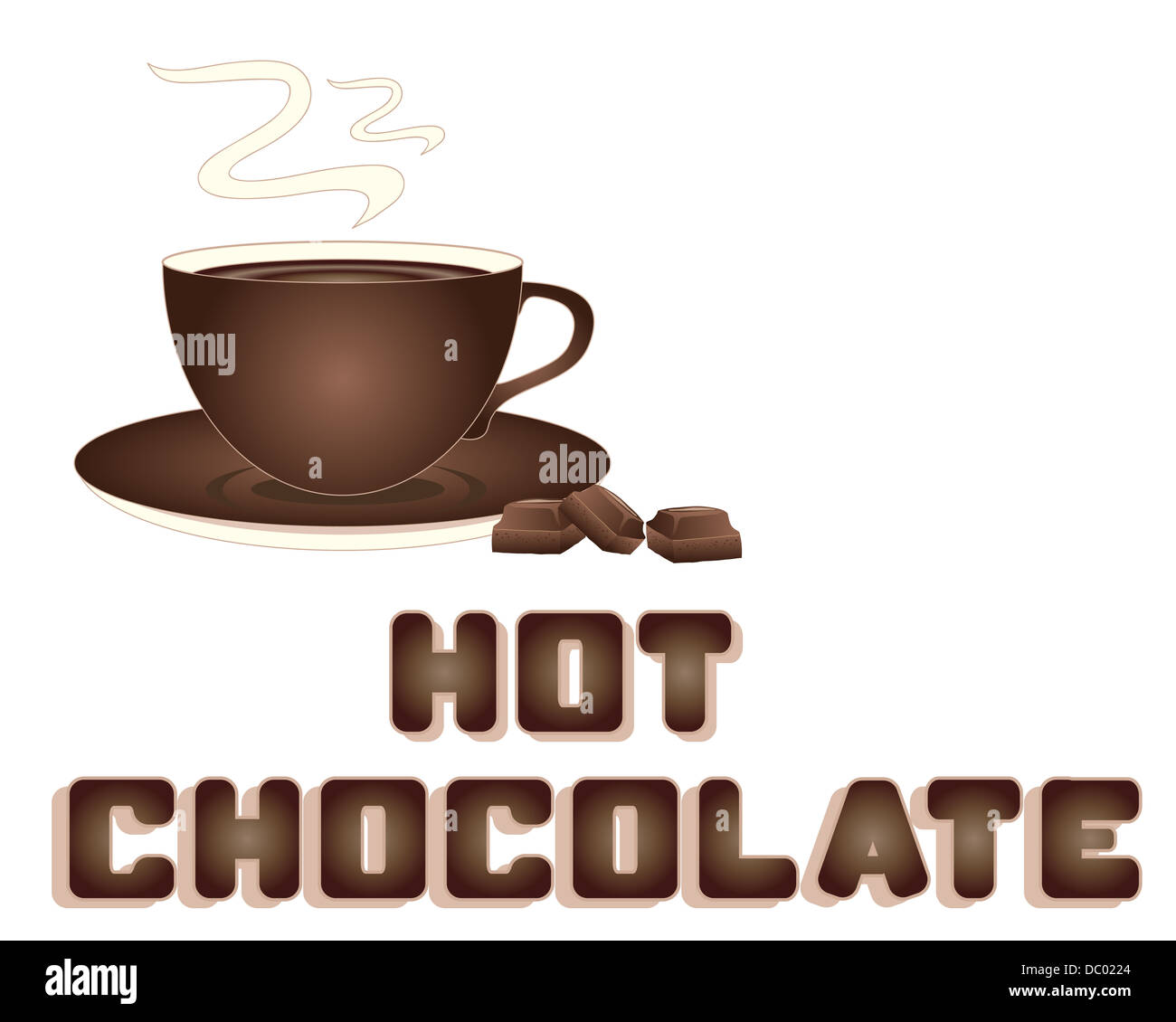 an illustration of a hot chocolate advert with cup saucer chocolate ...