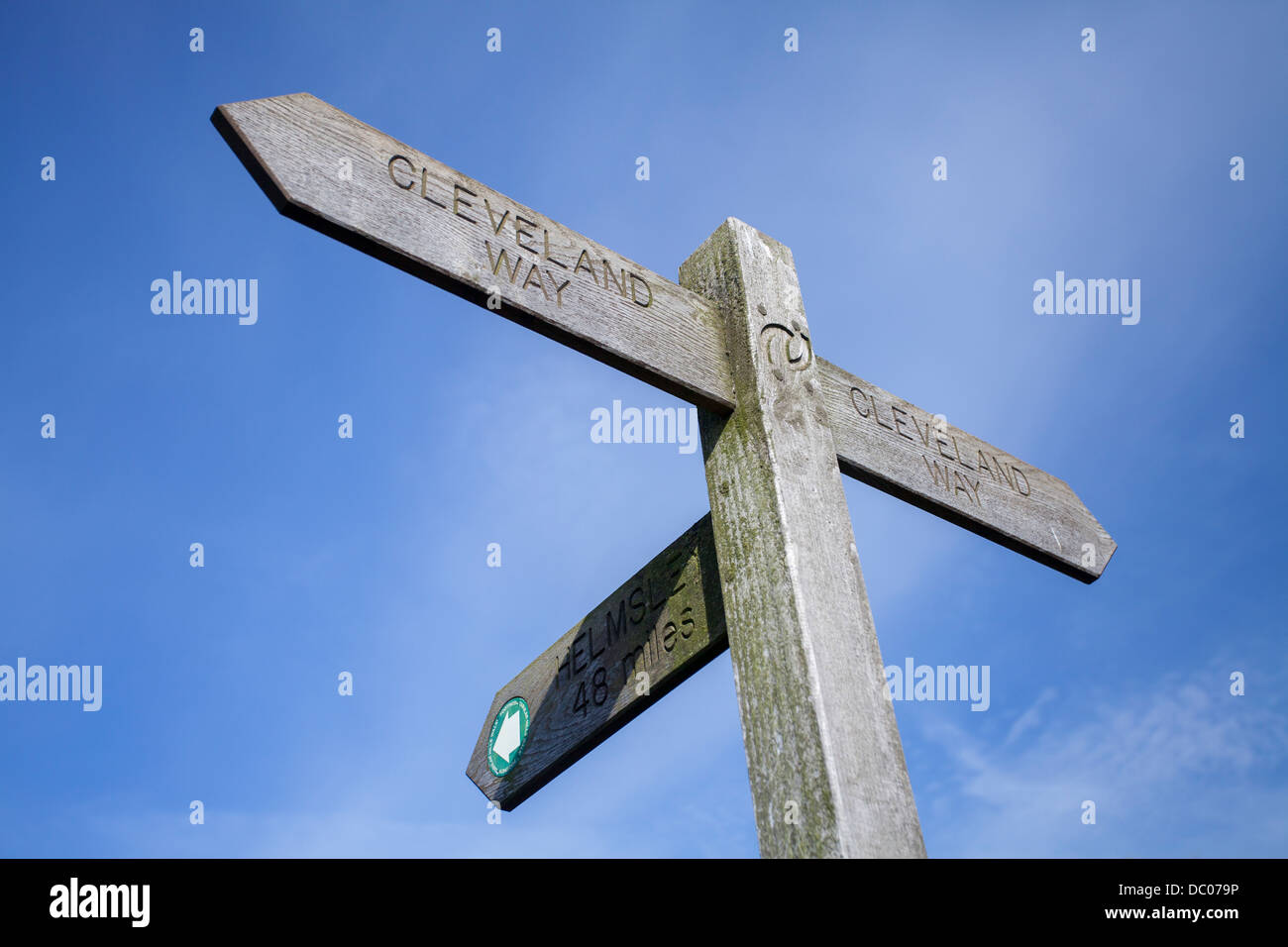 Cleveland Way signpost on cliffs North of Scarborough, North Yorkshire ...