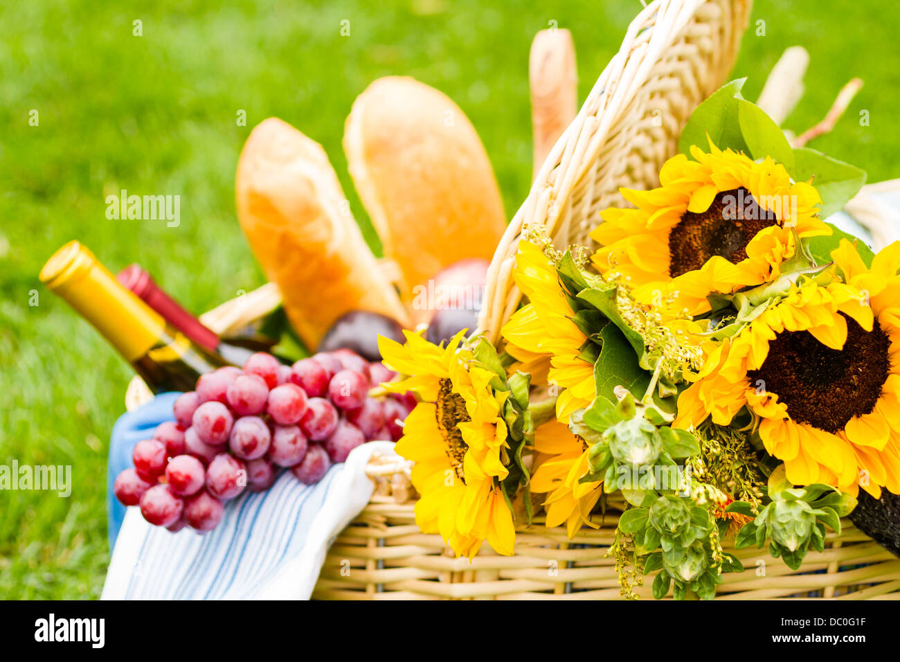 Summer picnic with a basket of food in the park Stock Photo - Alamy