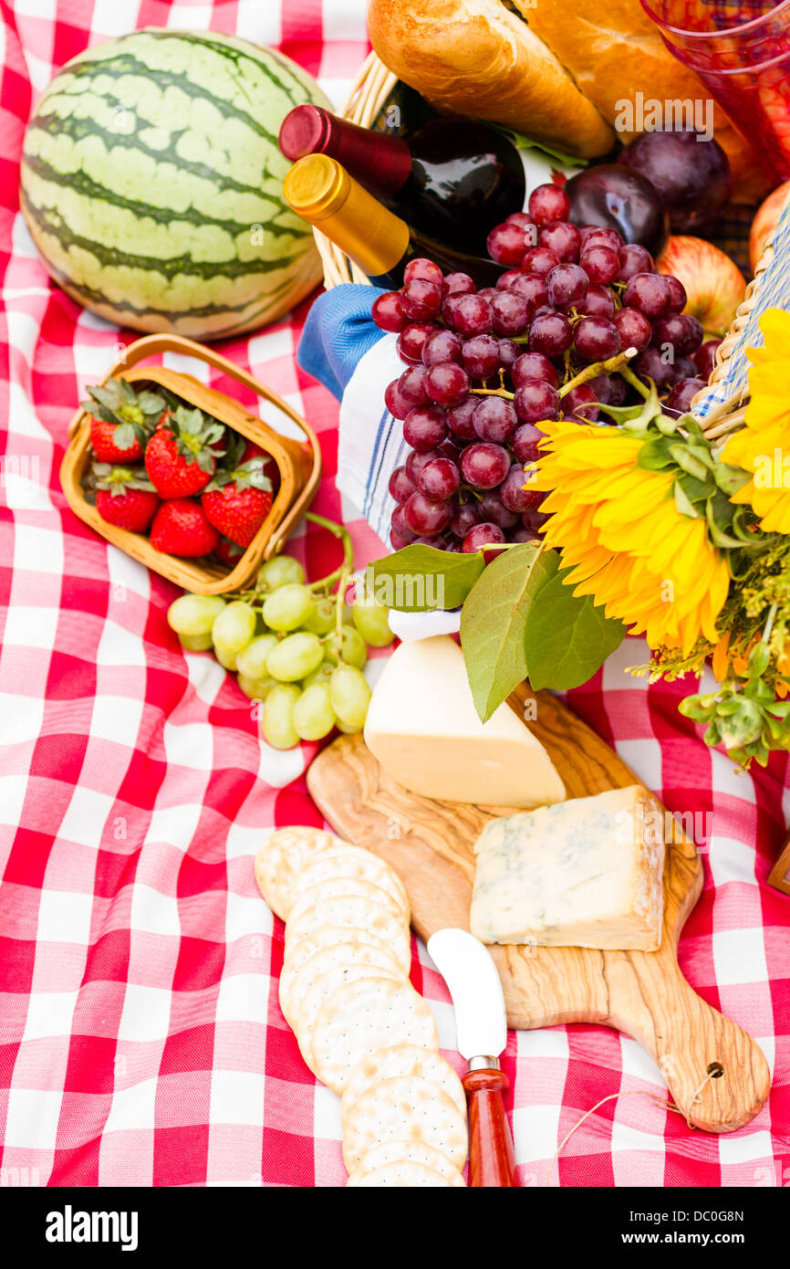 Summer picnic with a basket of food in the park Stock Photo - Alamy