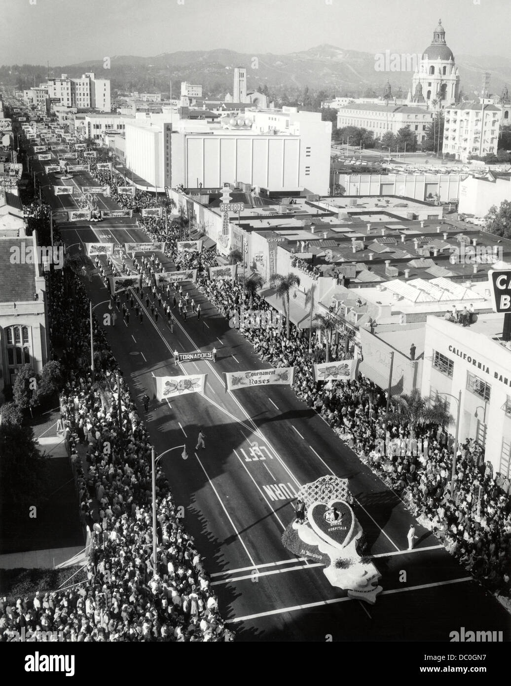 1940s 1950s AERIAL VIEW TOURNAMENT OF ROSES PARADE PASADENA CALIFORNIA ...