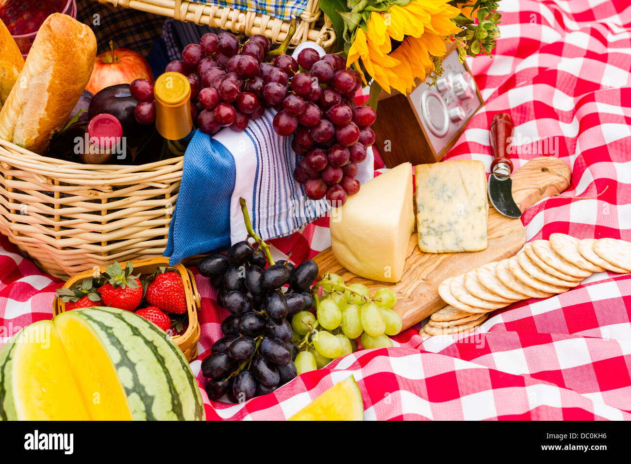 Summer picnic with a basket of food in the park Stock Photo - Alamy
