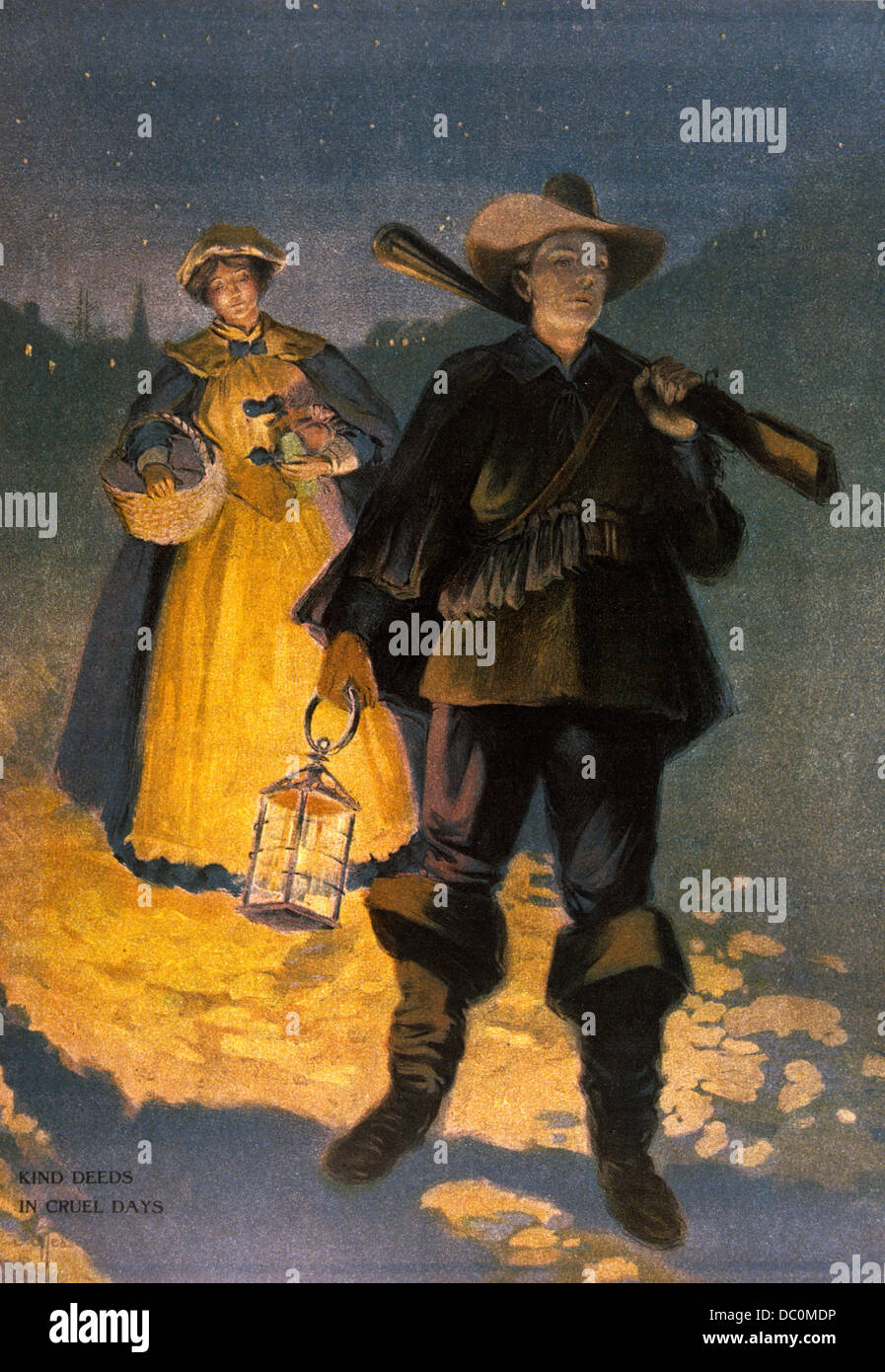 1600s THE WALK HOME FOR PILGRIM SETTLERS MAN WITH LANTERN & MUSKET ...