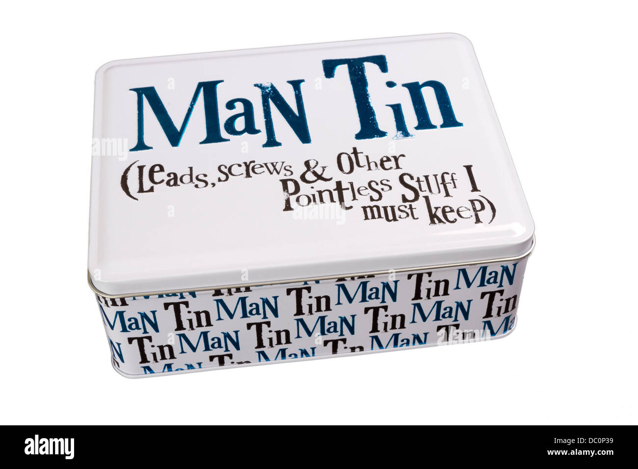 Storage tin with the caption Man Tin, for storage of leads, screws and ...
