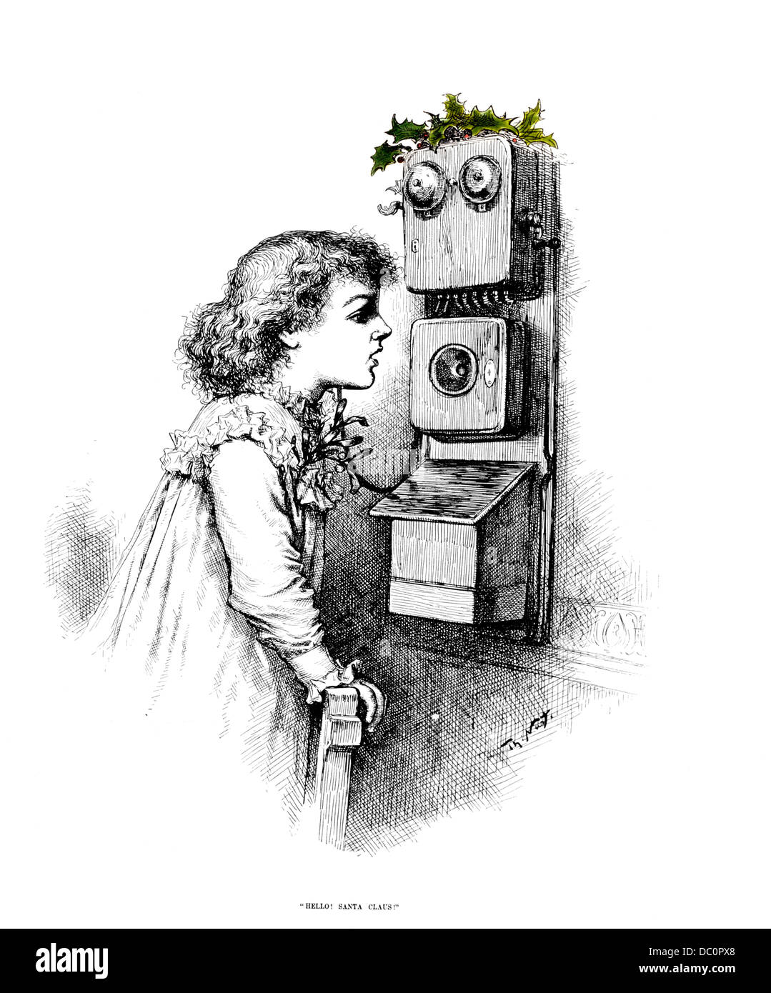 THOMAS NAST ILLUSTRATION GIRL CALLING SANTA CLAUS ON TELEPHONE Stock ...