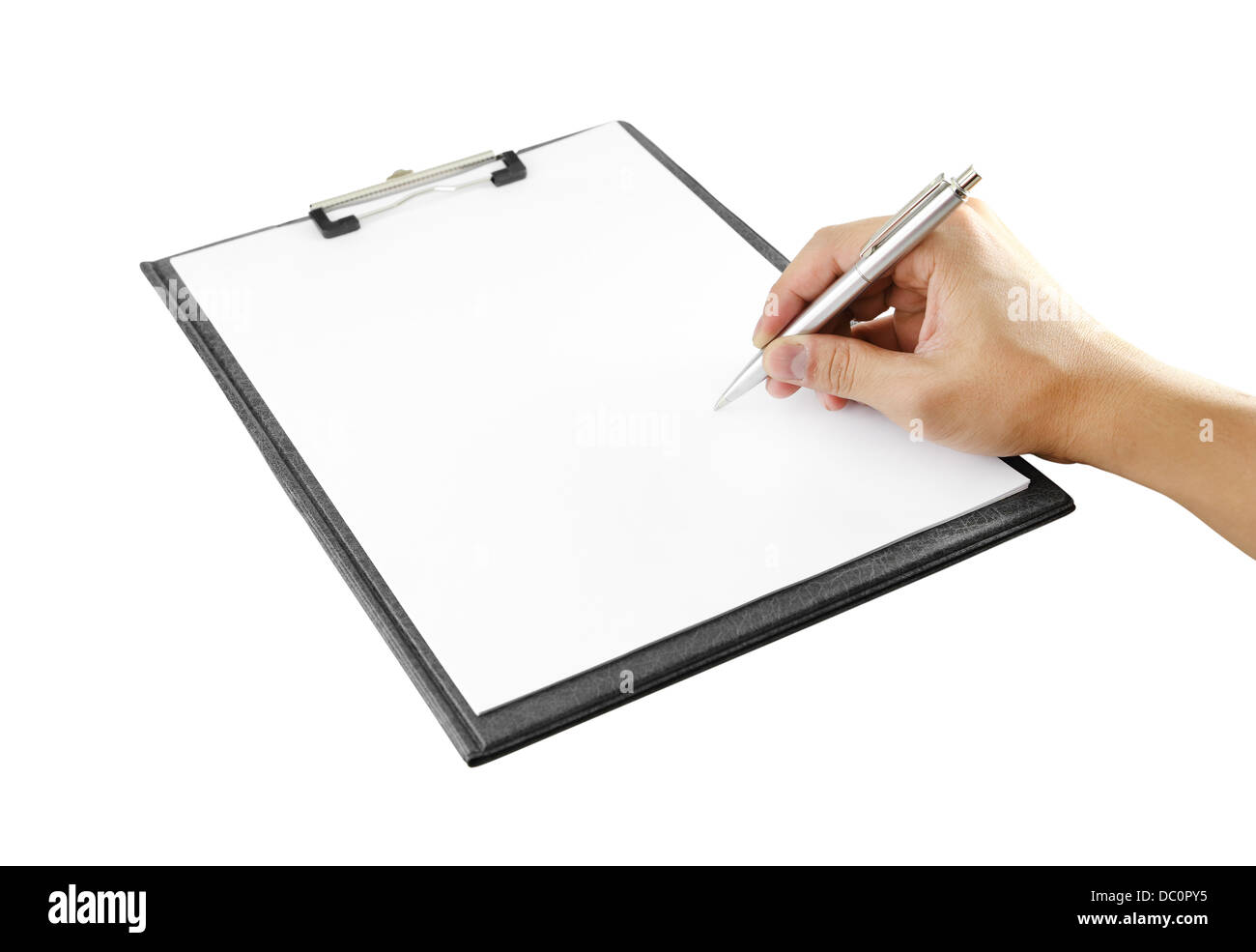 hand with pen writing on clipboard on white background (with clipping ...