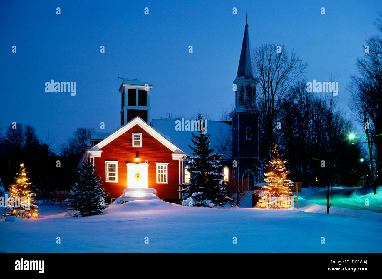 1980s SMALL TOWN WINTER SNOW SCENE CHURCH BUILDING DECORATED WITH ...