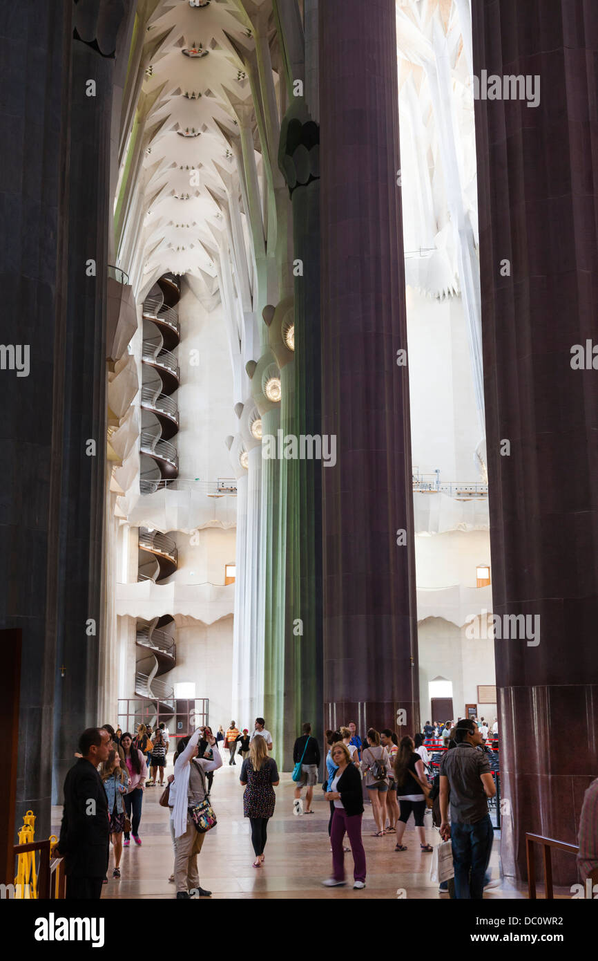 Tourists and spiral staircase in La Sagrada Familia Cathedral Barcelona ...