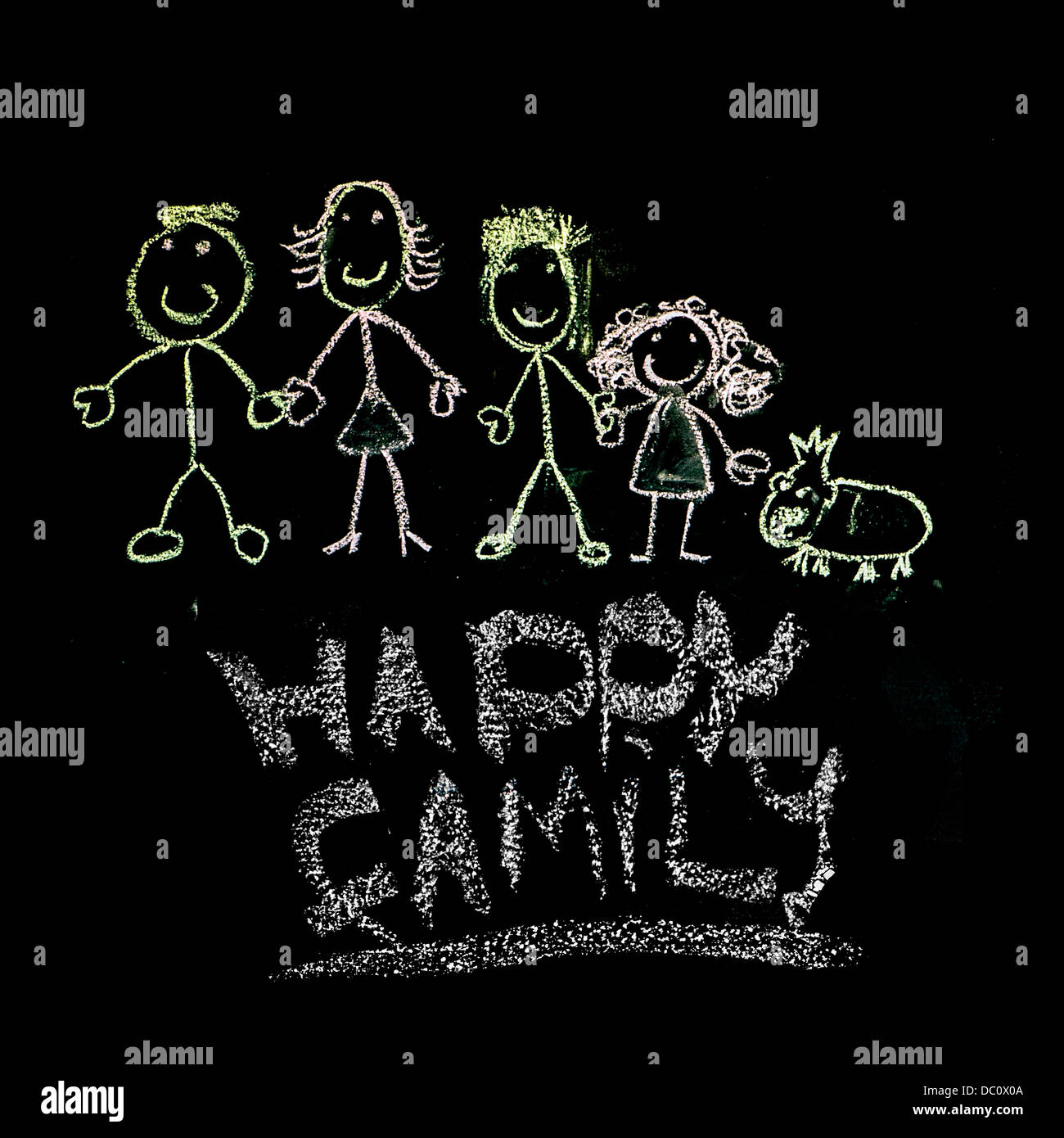 Childs chalkboard drawing of a happy stick figure family Stock Photo ...