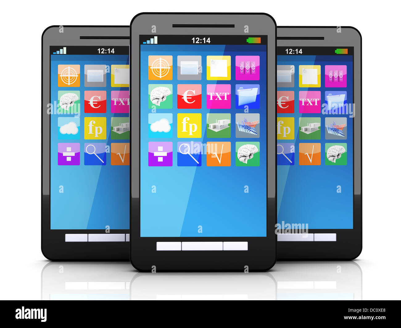 Three smartphones in a line. 3D illustration Stock Photo - Alamy