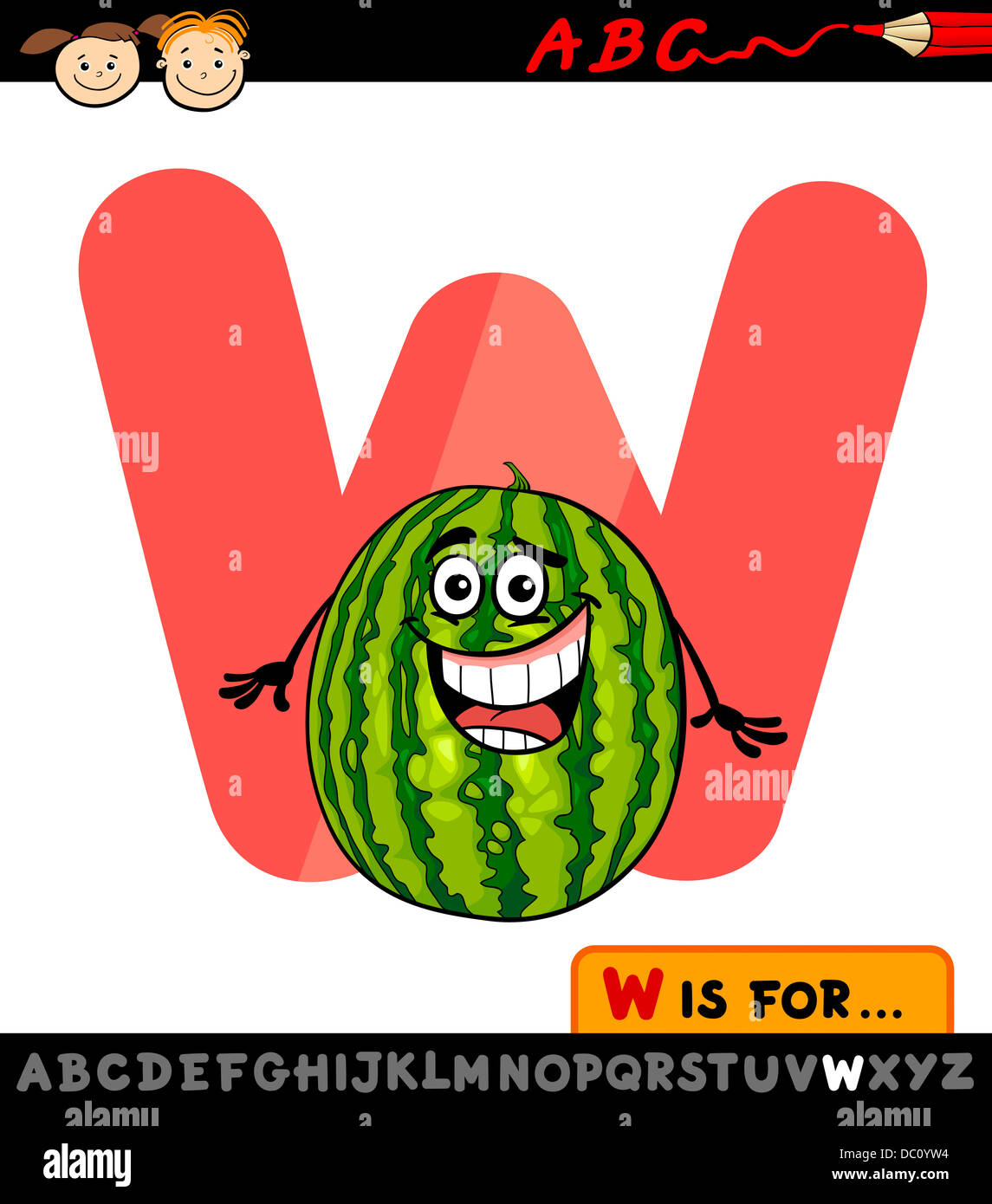 Cartoon Illustration of Capital Letter W from Alphabet with Watermelon ...
