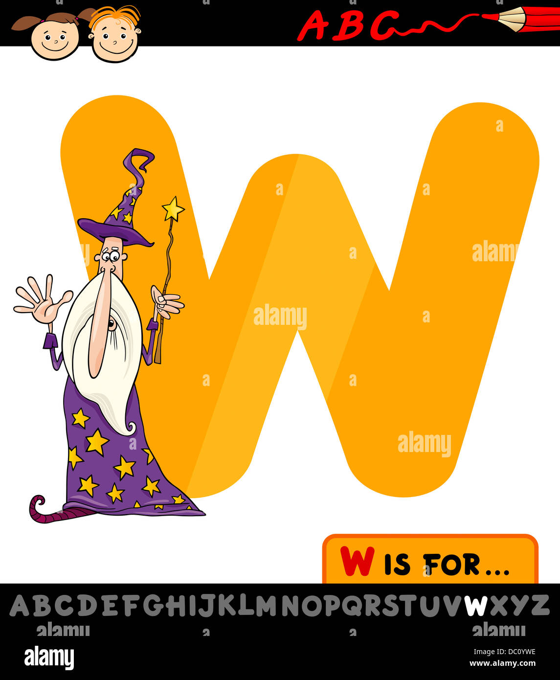 Cartoon Illustration of Capital Letter W from Alphabet with Wizard for ...