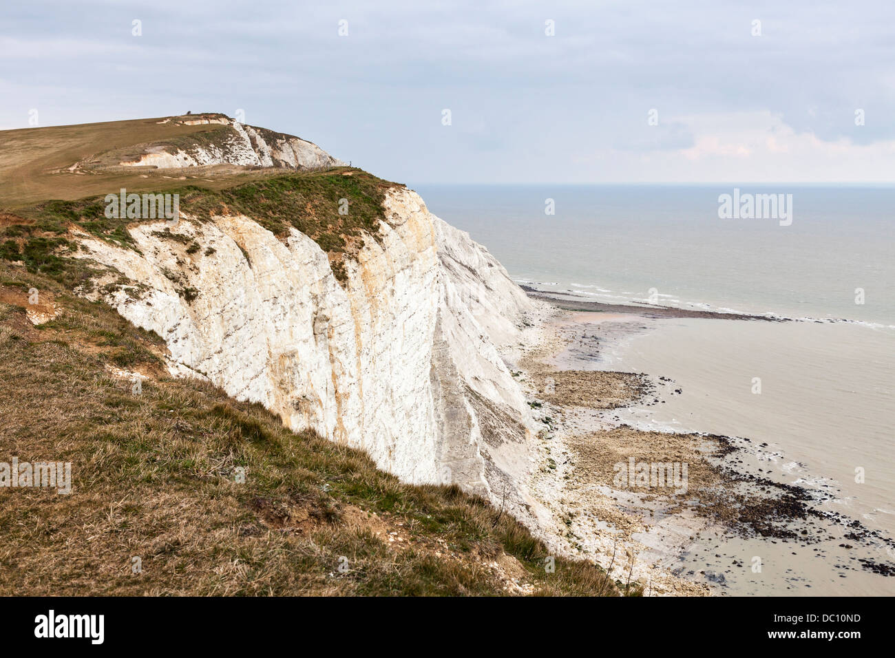 Steep white chalk cliffs at Beachy Head, East Sussex, southern England ...