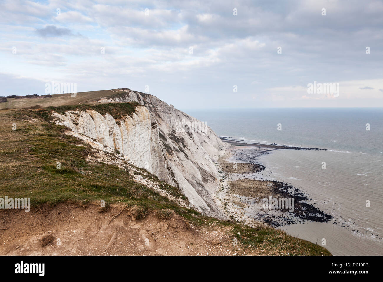Steep white chalk cliffs at Beachy Head, East Sussex, southern England ...