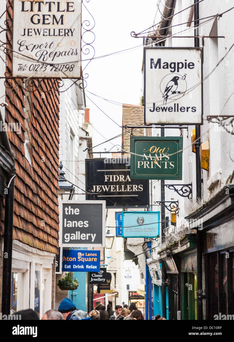Shop signs at The Lanes in Brighton, England Stock Photo - Alamy